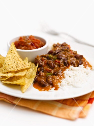 Chilli con carne with rice and tortilla … – License Images – StockFood ...